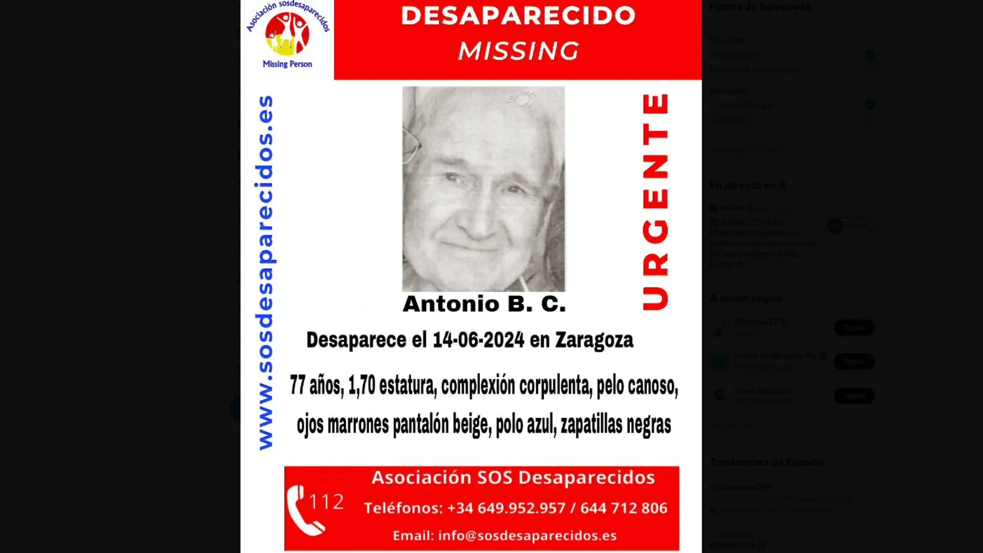 Alerta en Zaragoza: desaparece un hombre de 77 años